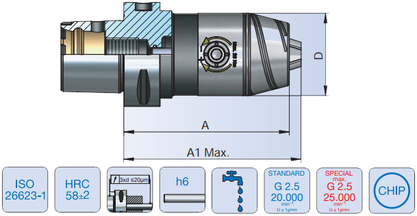 Capto EPS 50 - 1.0-13mm NC-Drill Chuck for Left & Right Rotation EPS (ISO 26623-1) - 110mm Gauge ...